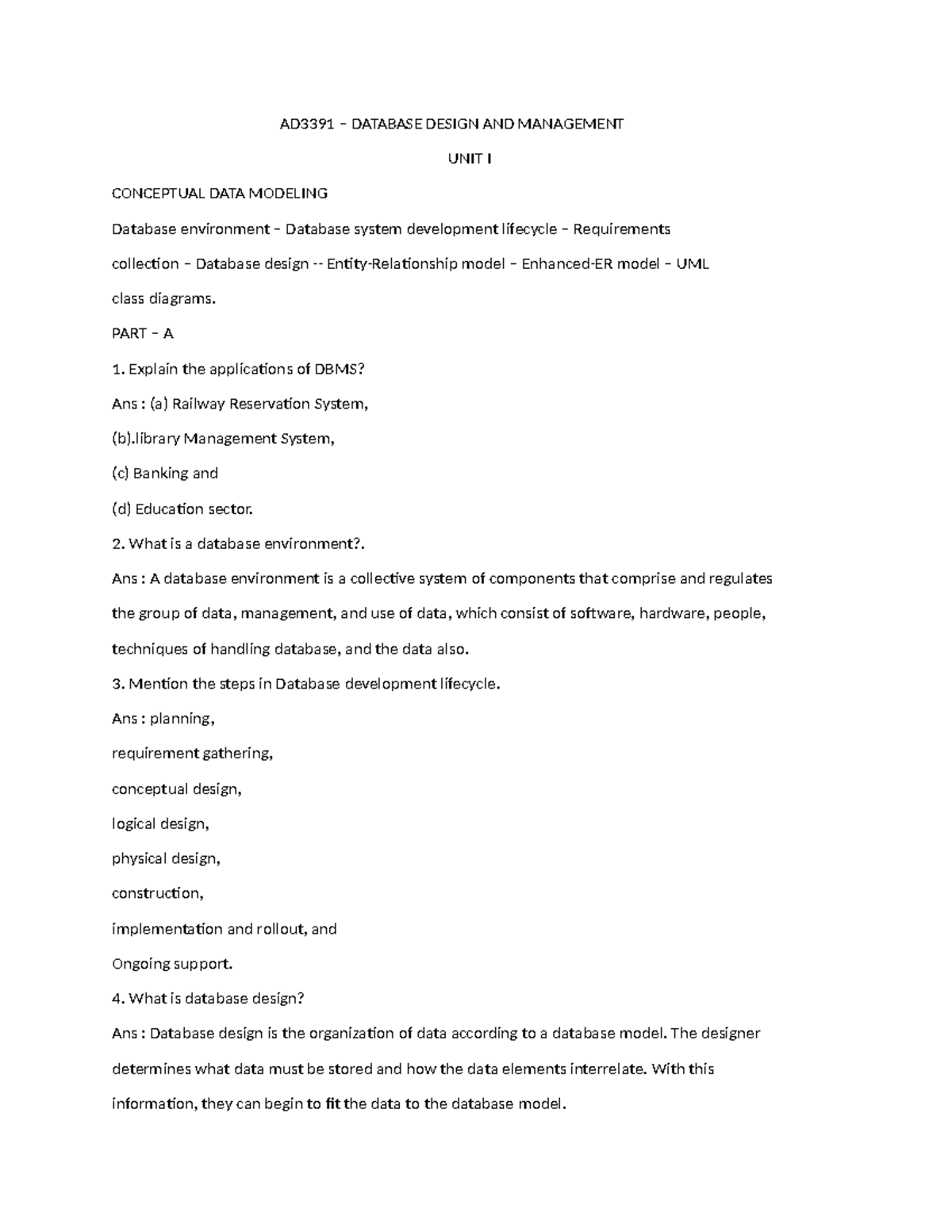 AD3391 – Database Design and Management: 2 Marks Study Notes - Studocu