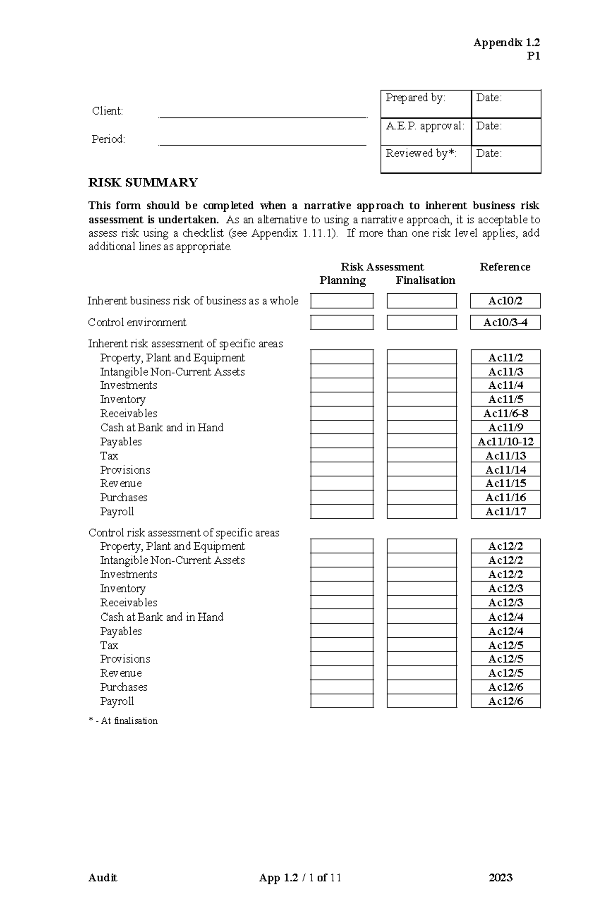 1.2 Narrative Inherent Risk and Control Environment - Appendix 1. P Client: Prepared by: Date ...