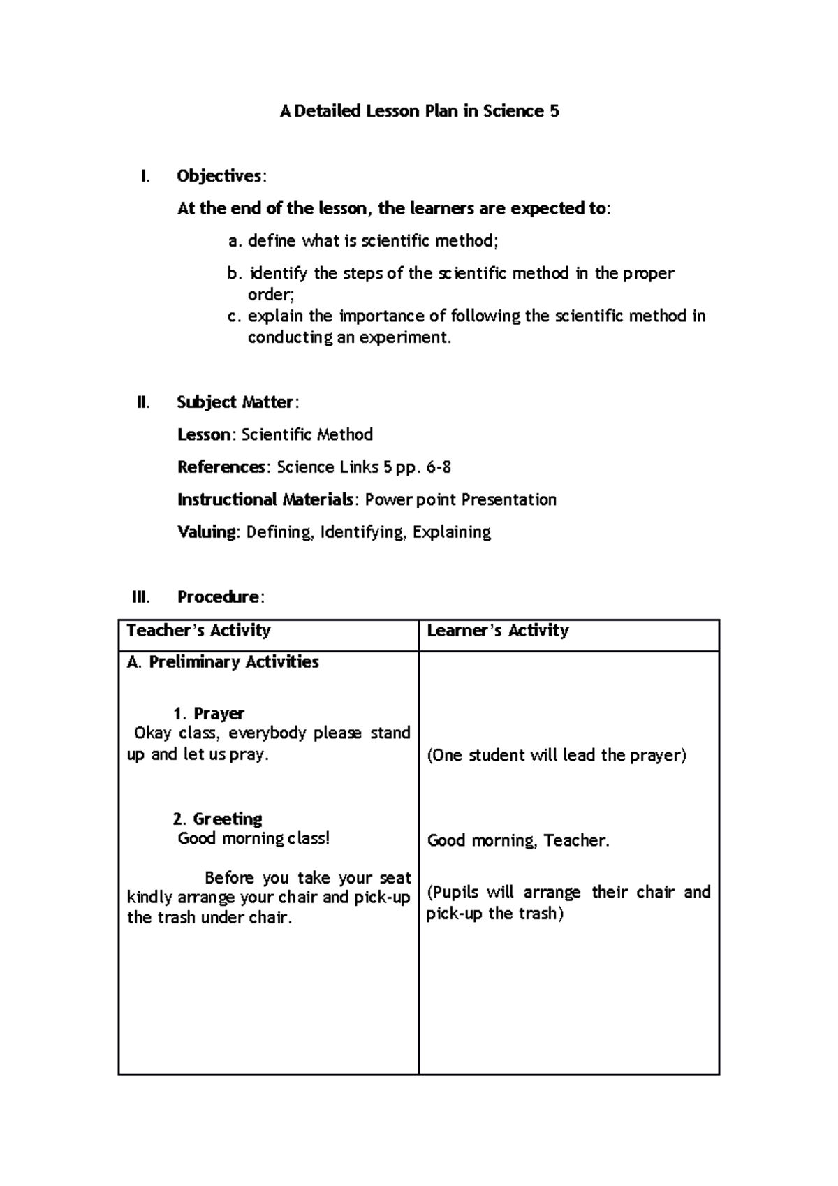 Detailed Lesson Plan on the Scientific Method for Science 5 - Studocu