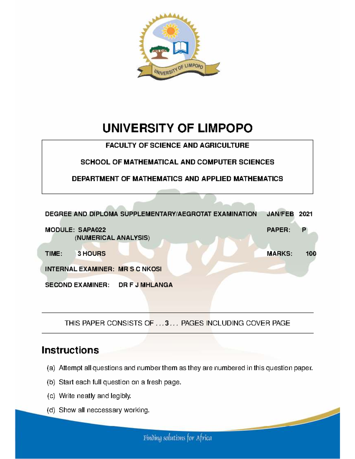 SAPA022 Numerical Analysis Exam Paper - January/February 2021 - Studocu