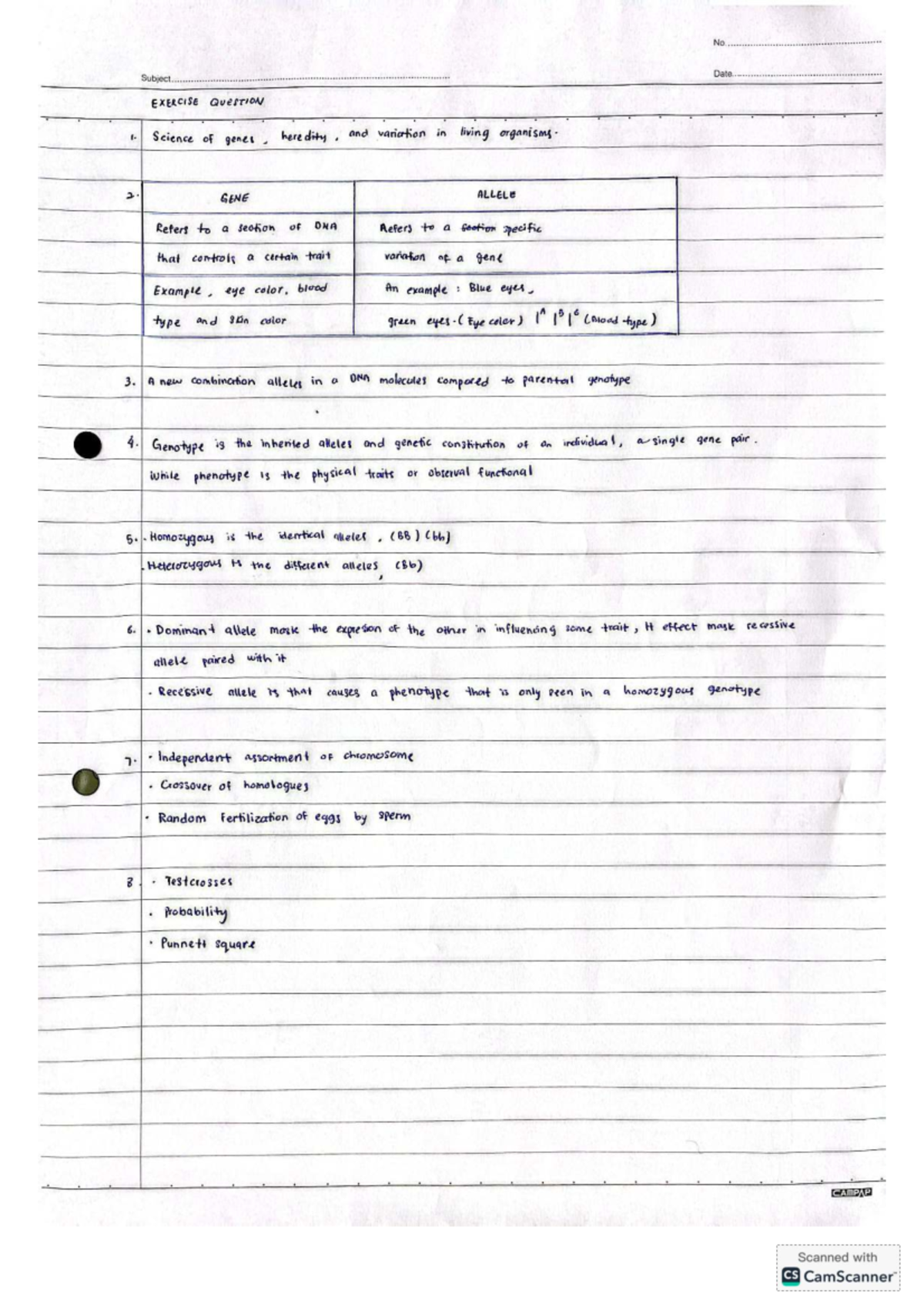 Exercise Questions - Bio310: Genetics, Alleles, and Traits - Studocu