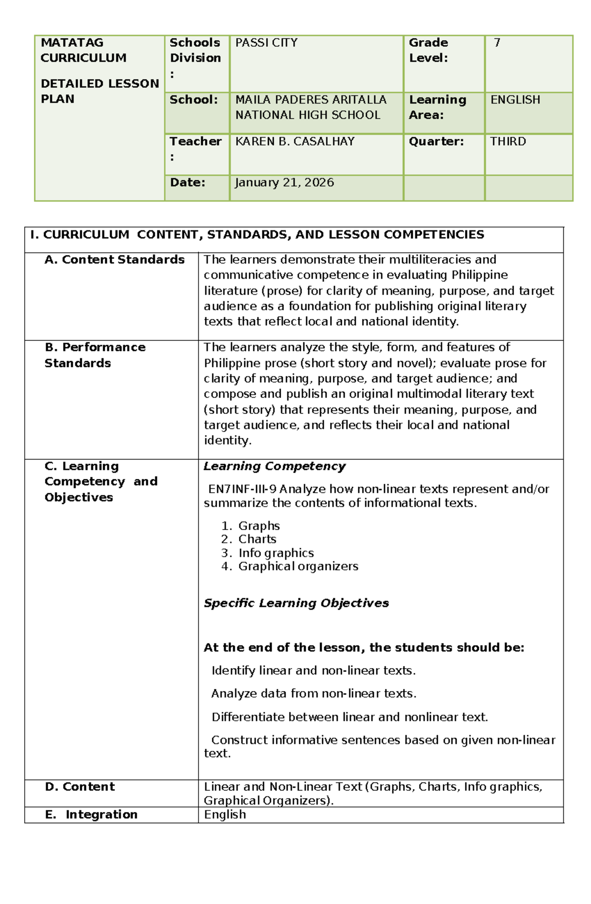Detailed Lesson Plan for English 7: Analyzing Linear and Nonlinear ...
