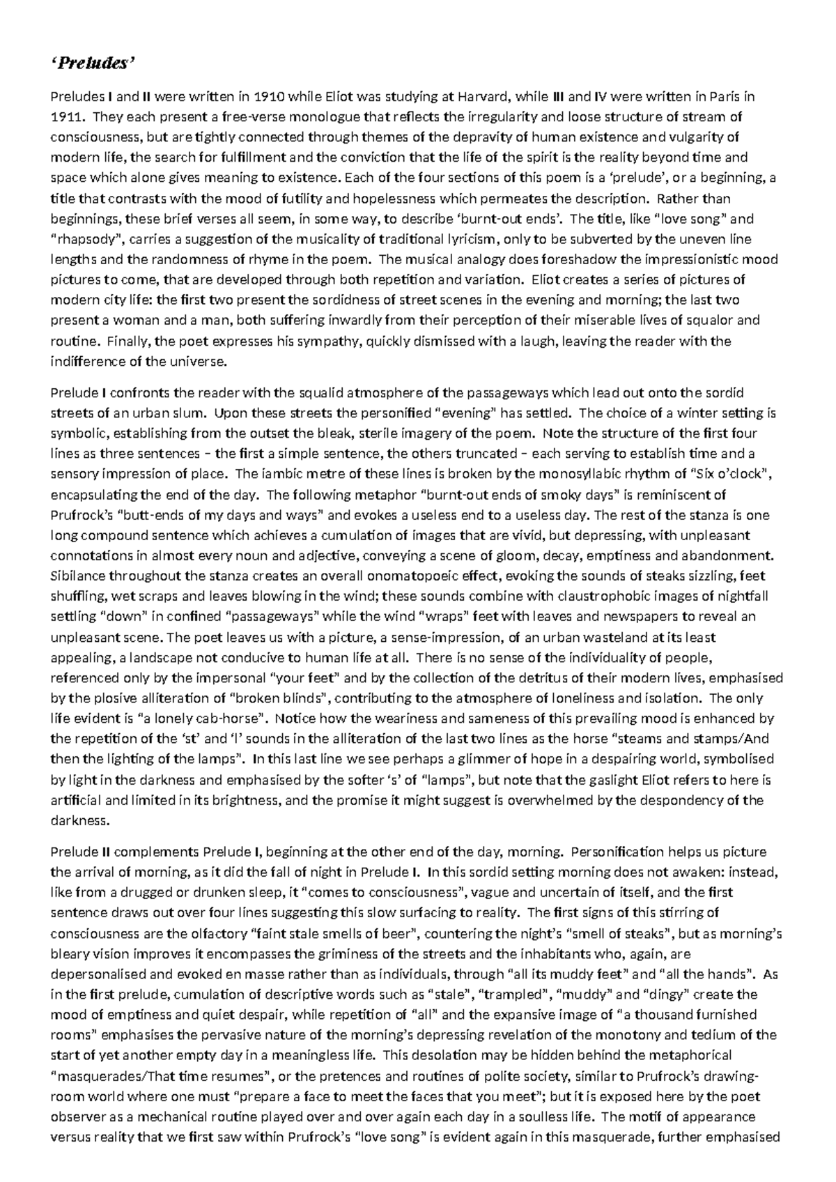 Notes on Eliot's Preludes I-IV: Themes and Analysis - Studocu