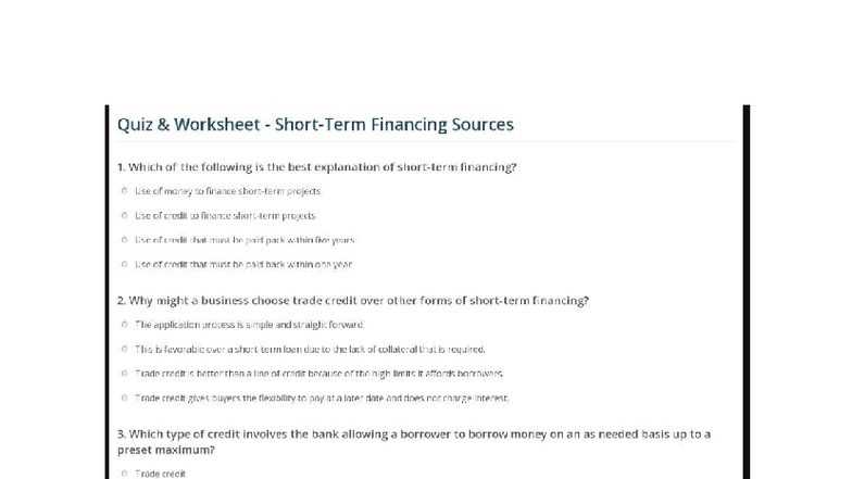 Quiz Worksheet: Financing Sources (Short-term Financing) - Studocu