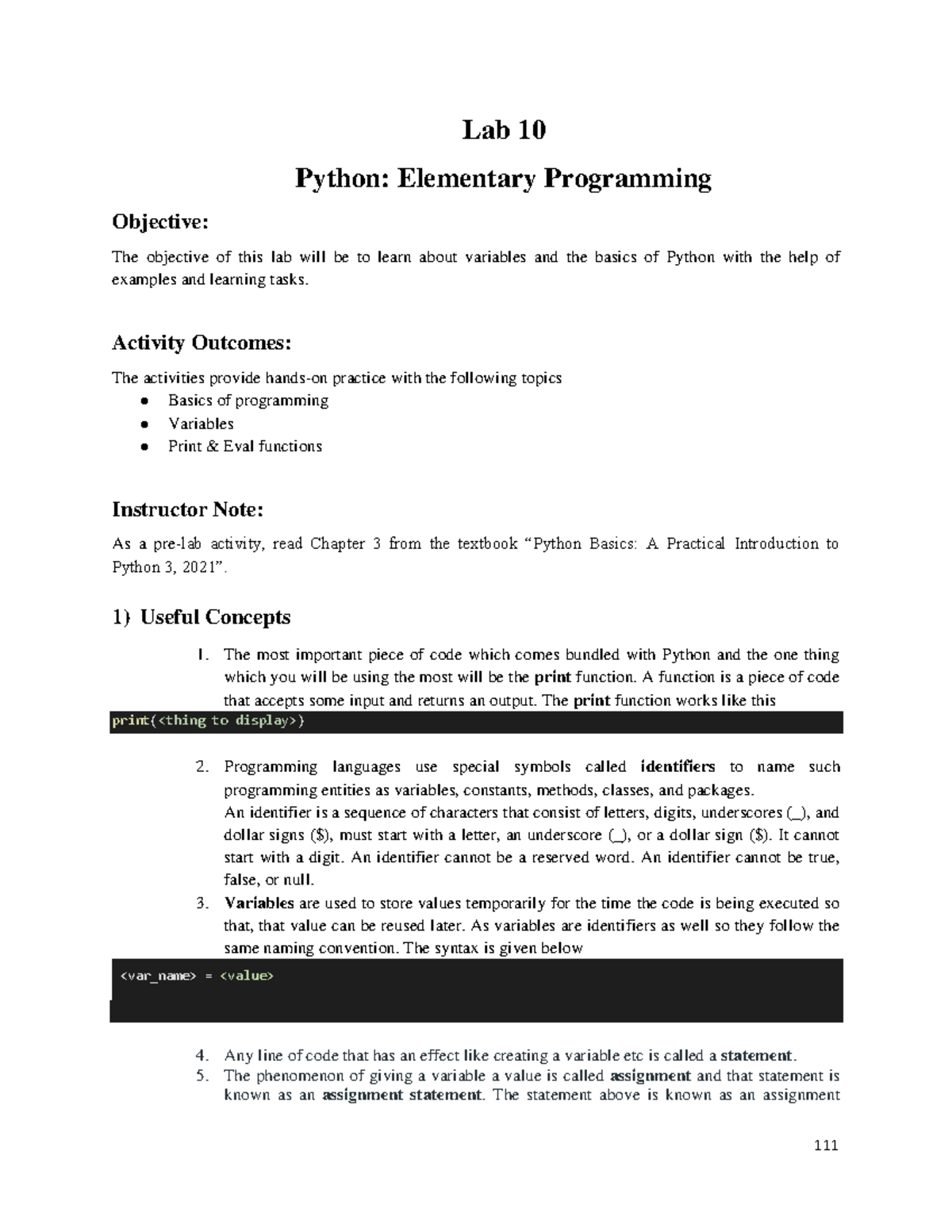 Lab 10 - Python Basics: Variables & Programming Concepts - Studocu