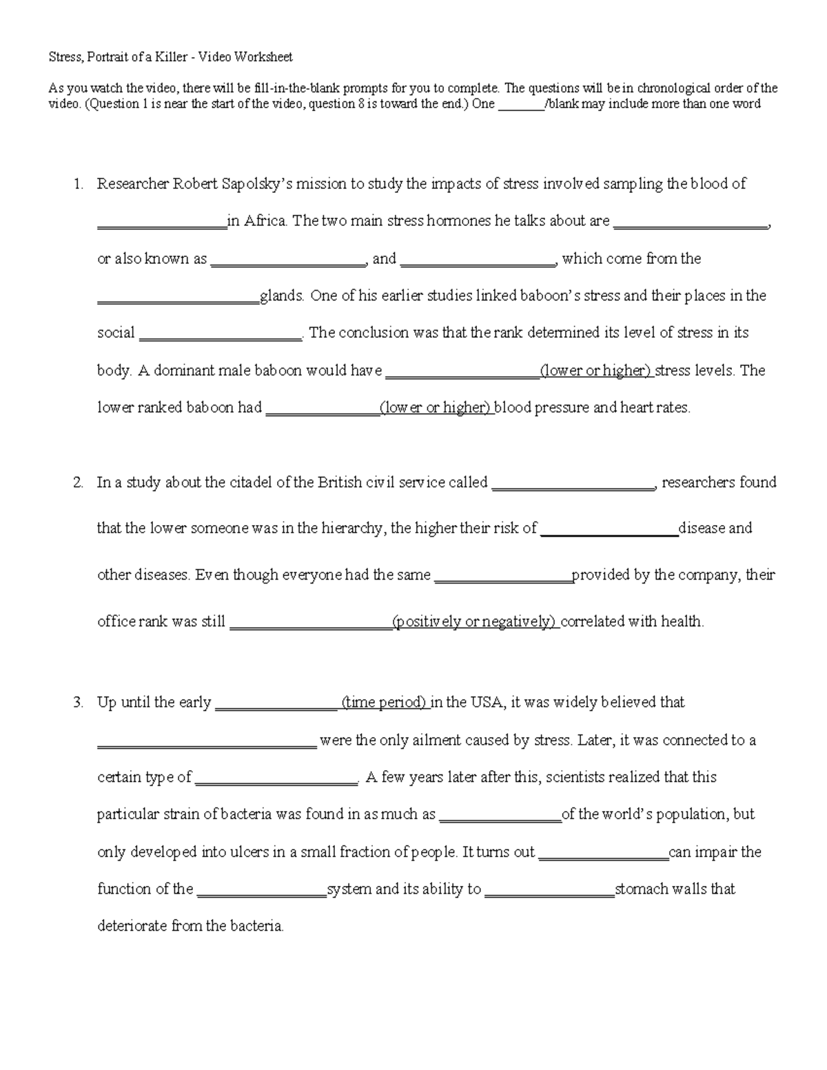 Bio Psych - Stress, Portrait of a Killer - Video Worksheet Analysis ...