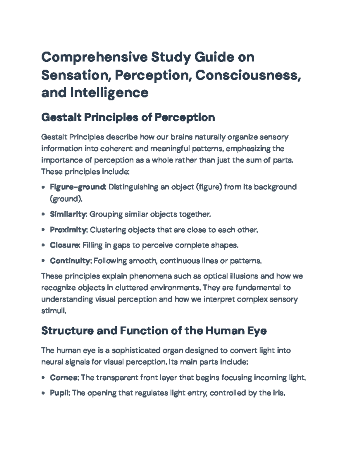 Comprehensive Study Guide: Sensation, Perception, and Intelligence (PSY ...