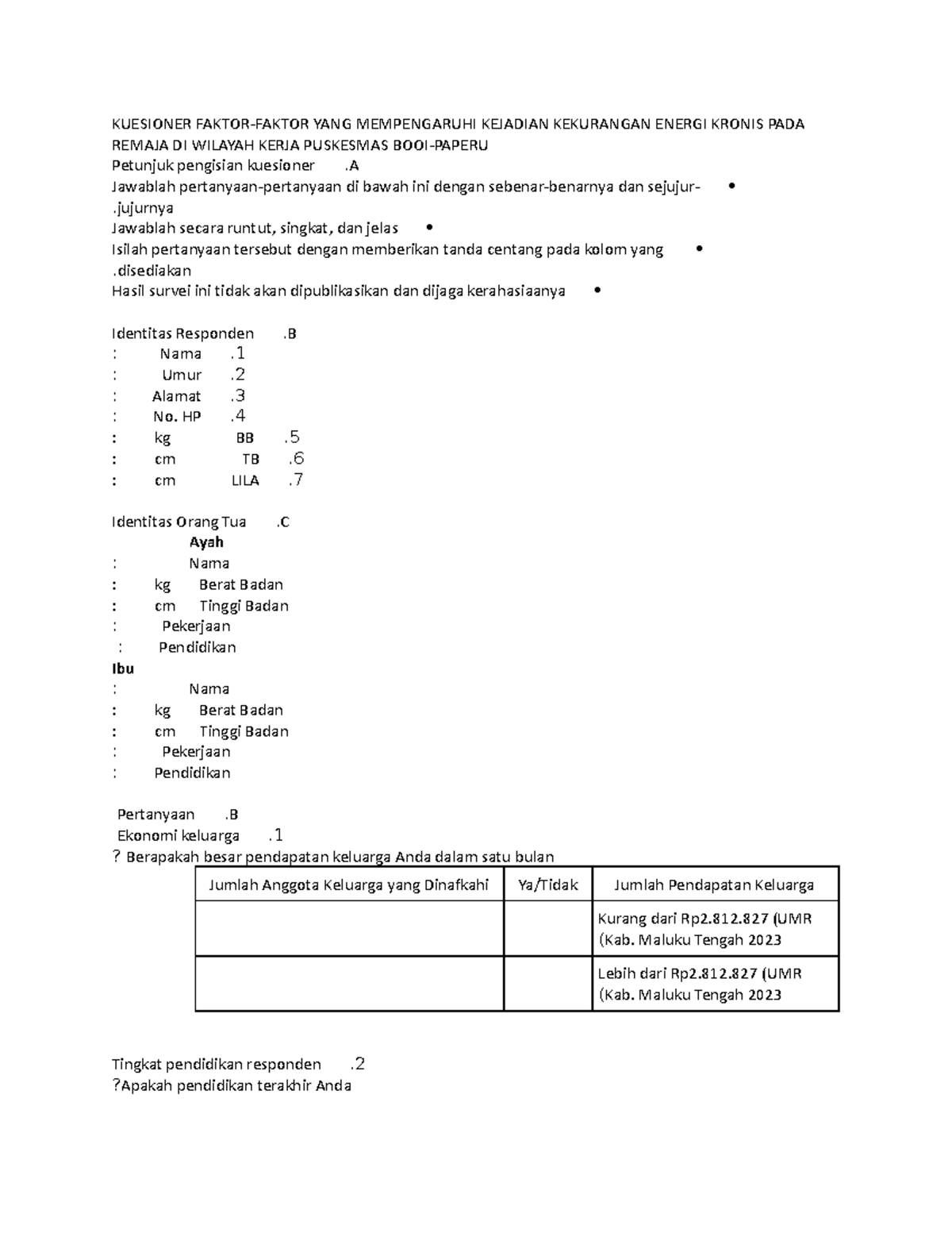 Kuesioner KEK: Faktor-faktor Pengaruh Kekurangan Energi di Remaja - Studocu