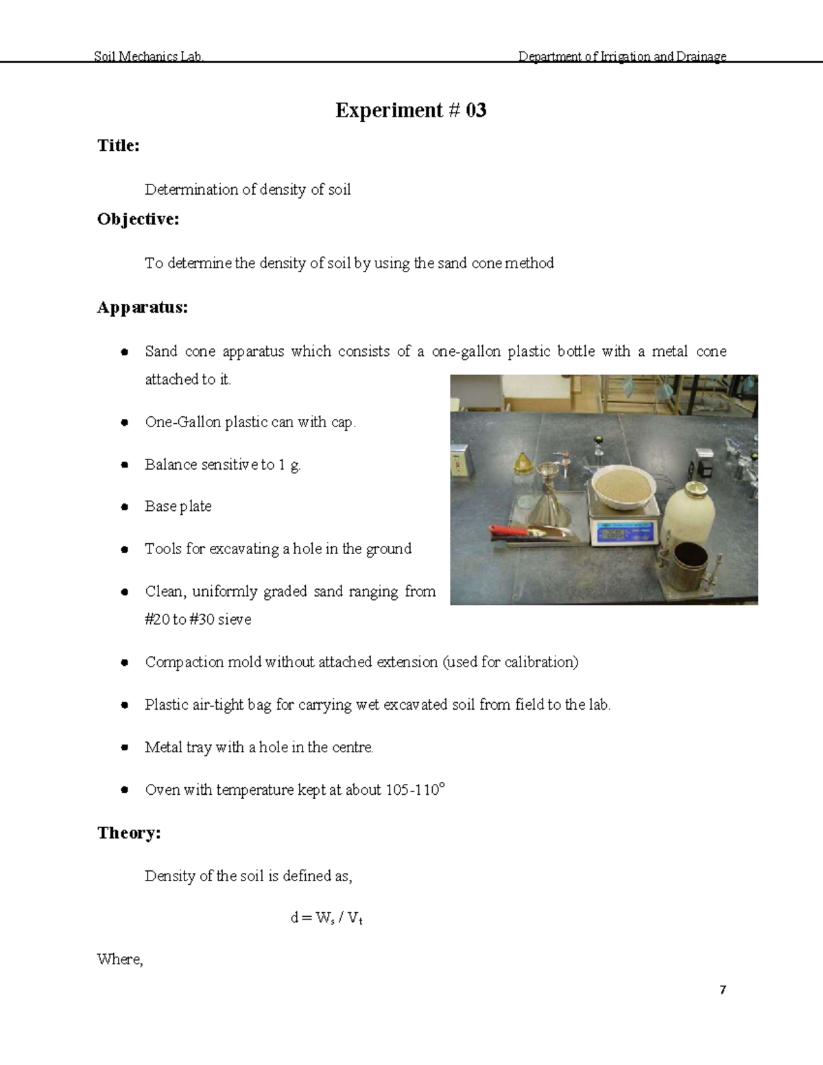 Soil Mechanics Lab (ID 101): Density Determination via Sand Cone Method ...