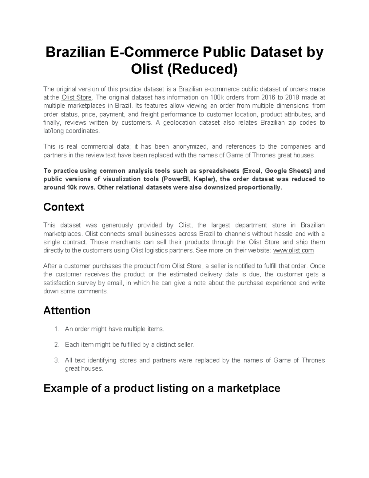Brazilian E-Commerce Dataset Overview (Olist, Reduced) - Studocu