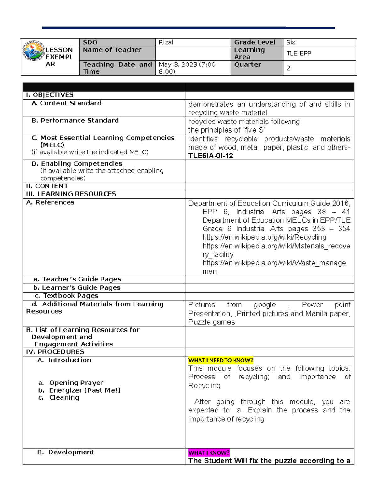 2LP-TLE Lesson on Identifying Recyclable Materials in EPP 6 - Studocu