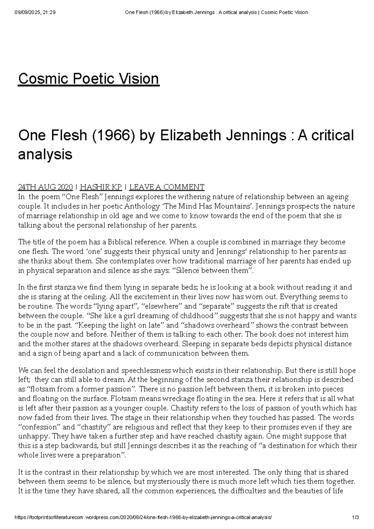 21:29 Critical Analysis of "One Flesh" (1966) by Elizabeth Jennings ...