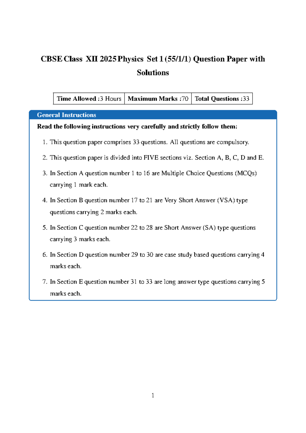 CBSE Class XII 2025 Physics Set 1 Question Paper & Solutions - Studocu