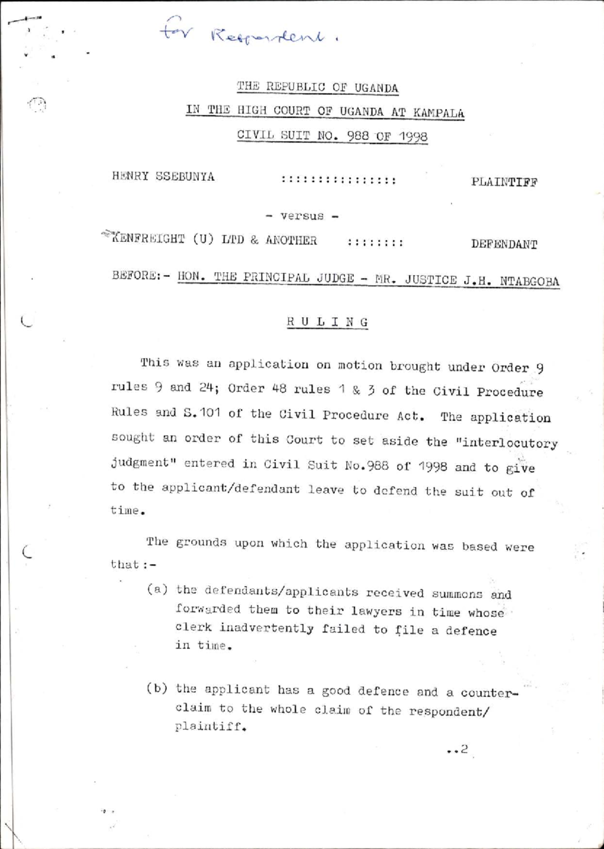 Civil Suit No. SSEBUNYA 9BB of 1998: Ruling Analysis and Legal ...
