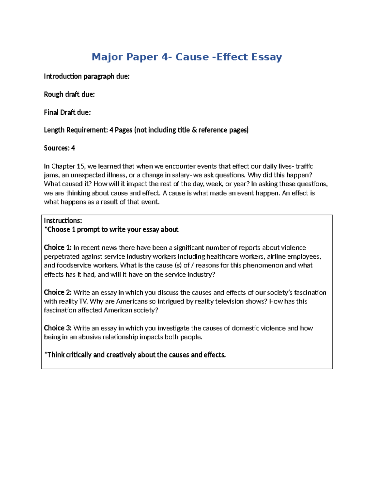 Major Paper 4 Cause and Effect Essay 1 - Major Paper 4- Cause -Effect ...