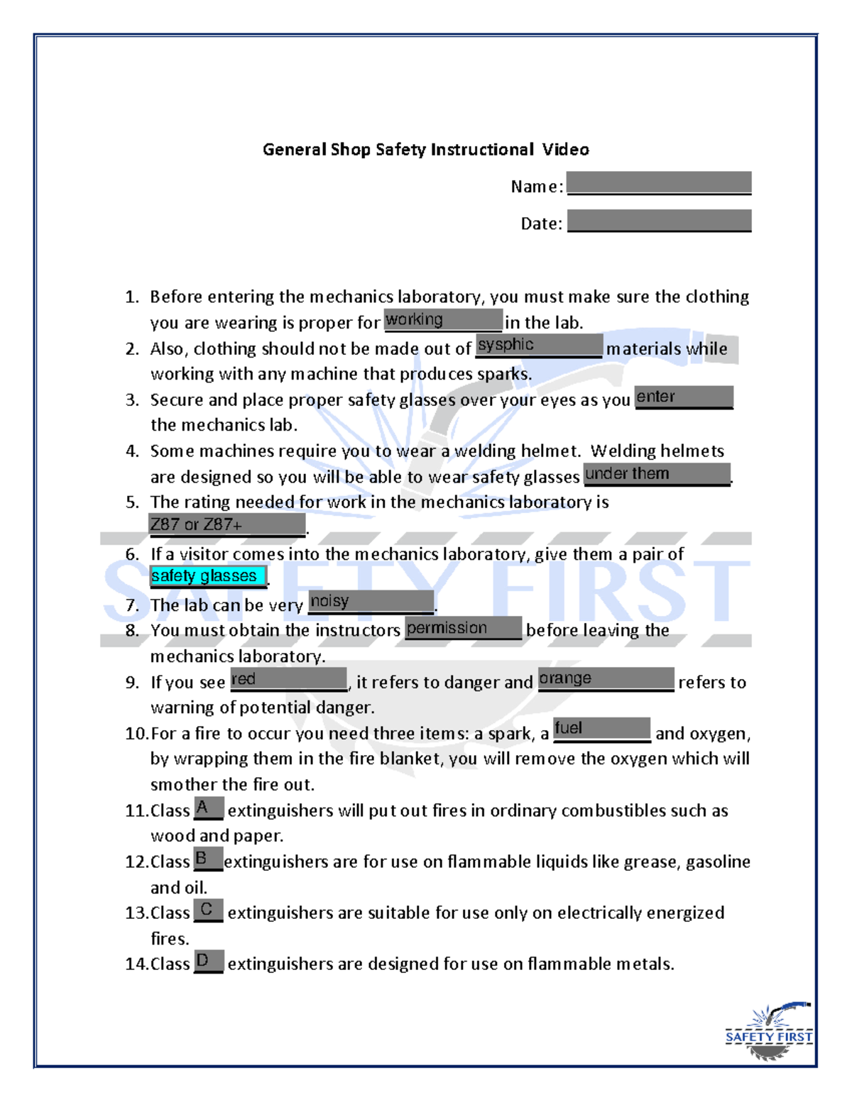 General Shop Safety Video Worksheet - Fillable Template - Studocu