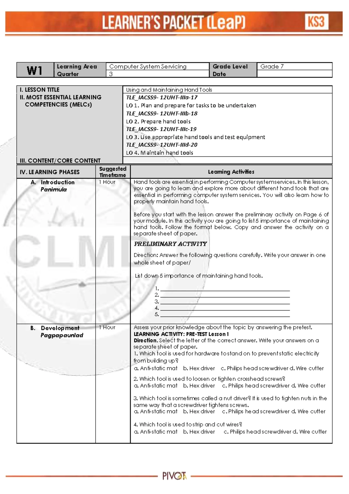 TLE7-ICT-Computer System Servicing-Q3-W2-Lea P - W Learning Area ...