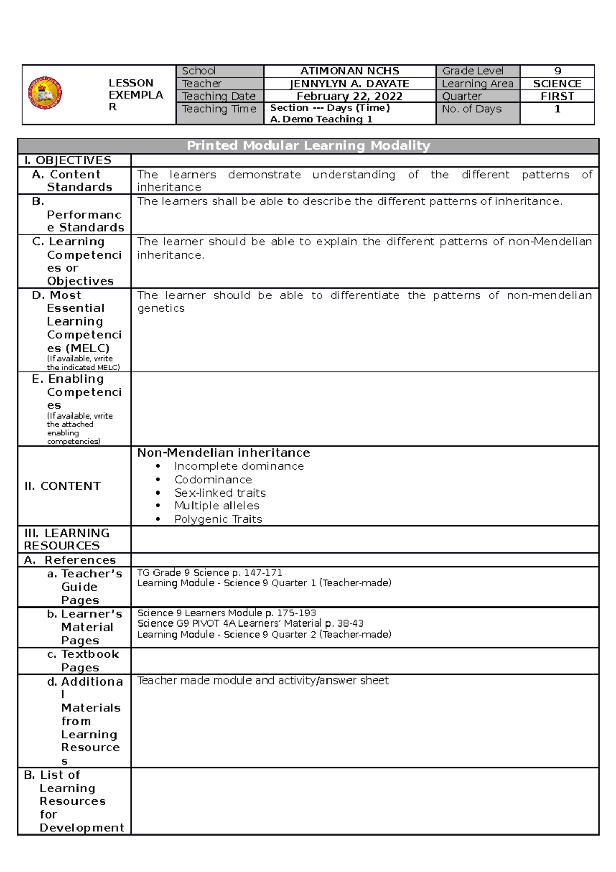 Non-Mendelian Inheritance Lesson for Grade 9 Science (SCI9) - Studocu