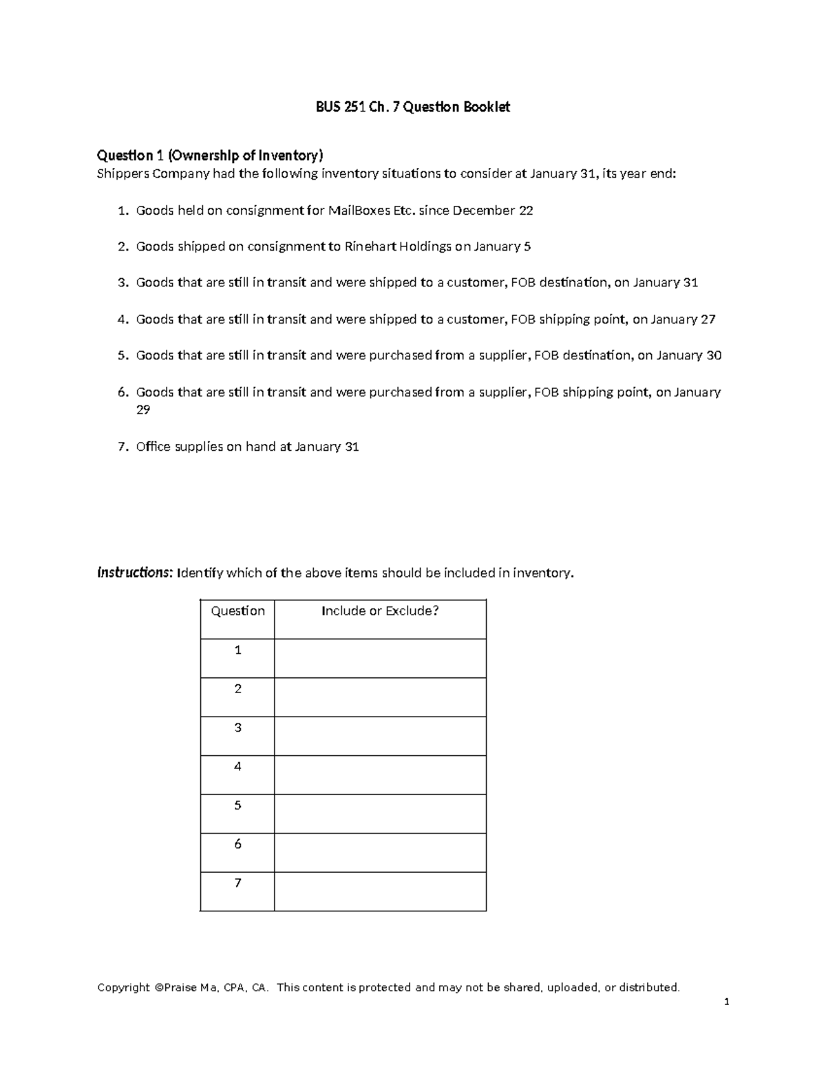 BUS 251 Ch. 7 Inventory & Cost Flow Questions Booklet - Studocu