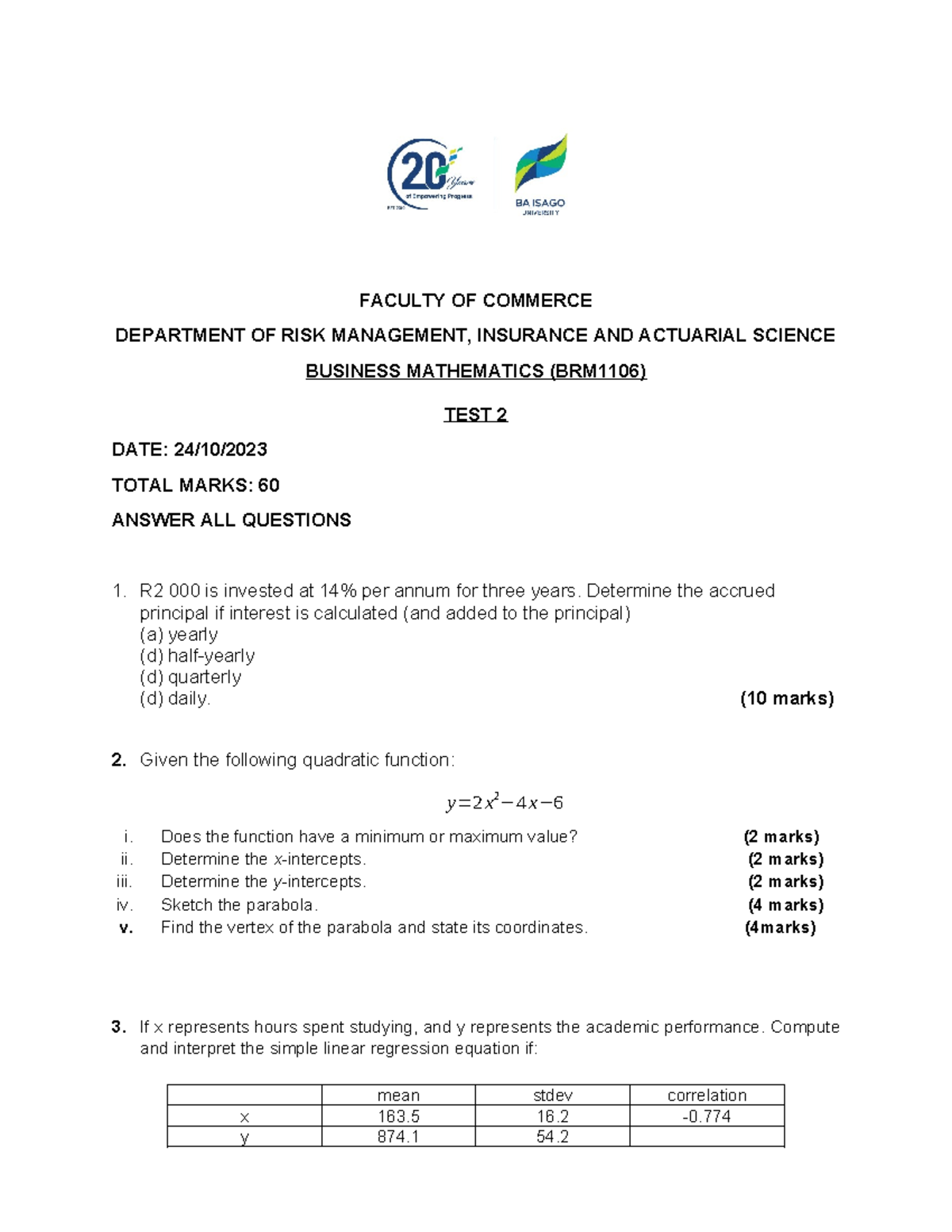 BRM1106 Business Mathematics Test 2: Accrued Interest & Quadratics ...