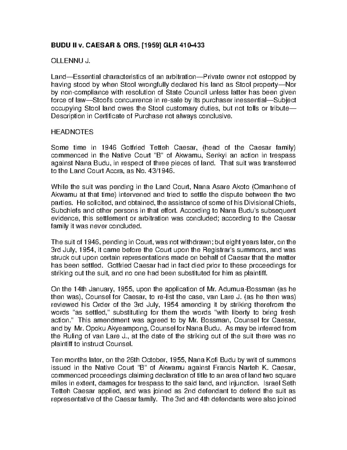 ADR Case Study: BUDU II v. CAESAR & ORS. [1959] GLR 410 Analysis - Studocu
