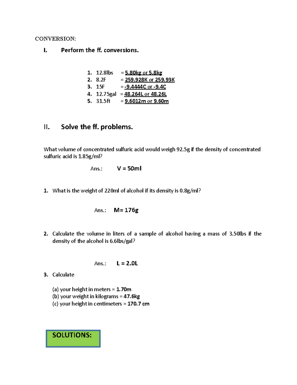 General Chemistry Conversions (Problems and Answers) - CONVERSION: I ...