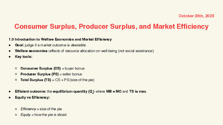 Microeconomics - CLASS NOTES: Consumer Surplus, Producer Surplus, and ...