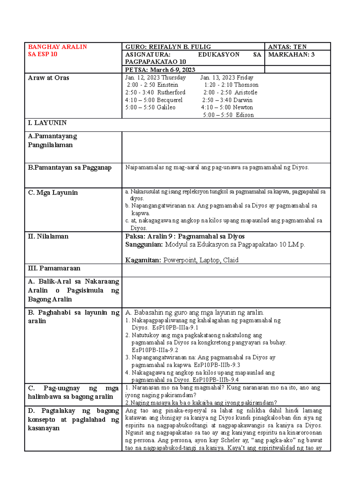 DLP-ESP 10 Midterm Reflection on Loving God and Others - Studocu