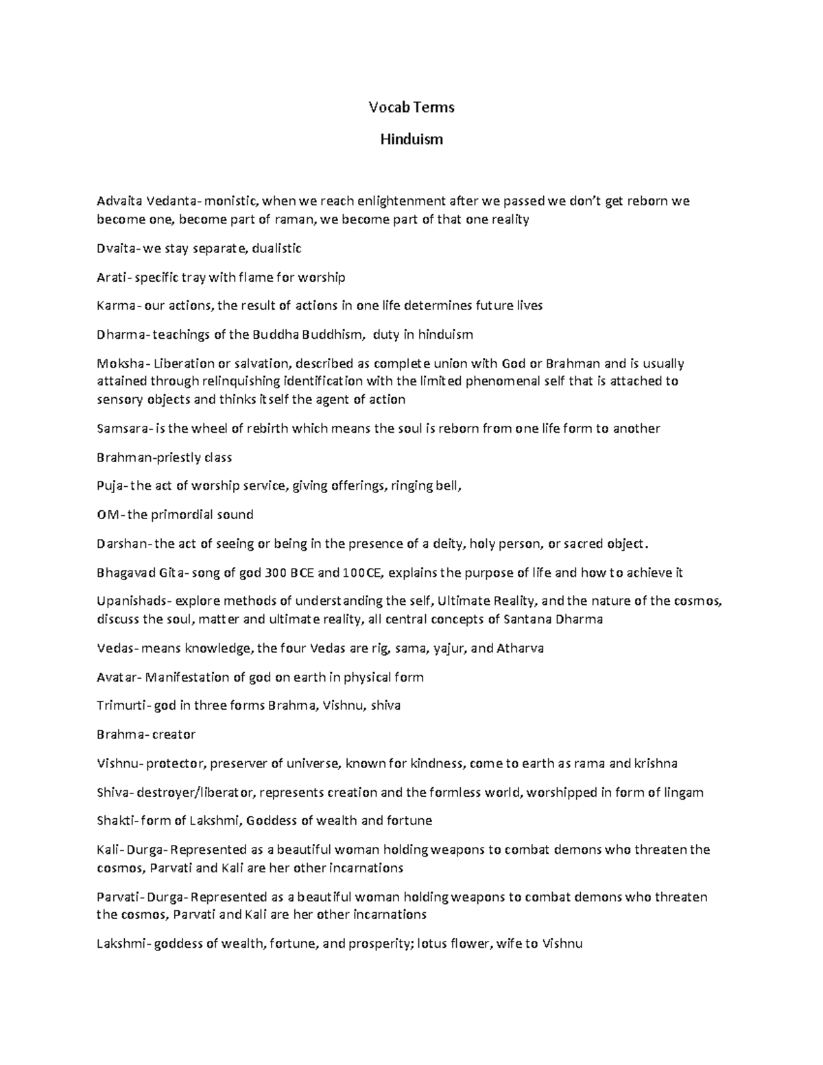 Hinduism Vocabulary Terms - Key Concepts and Definitions - Vocab Terms ...