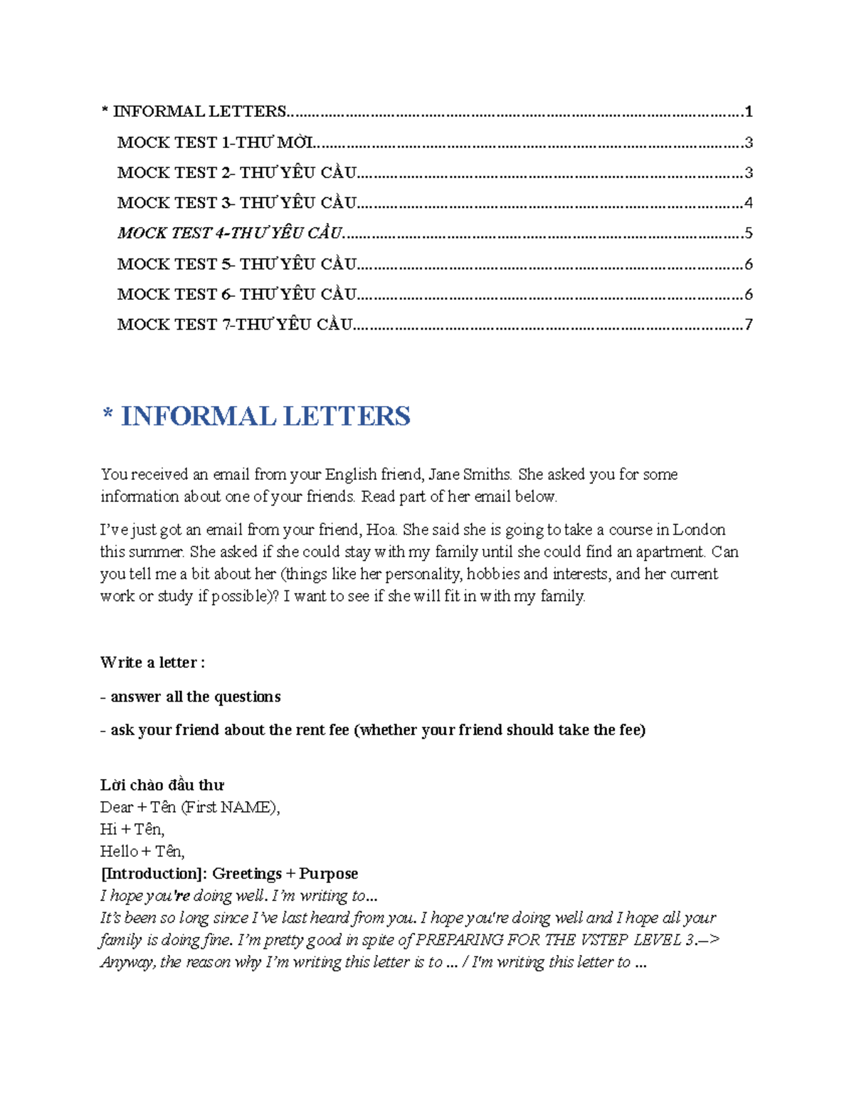 Writing PART 1: Informal Letters - Mock Test - Studocu
