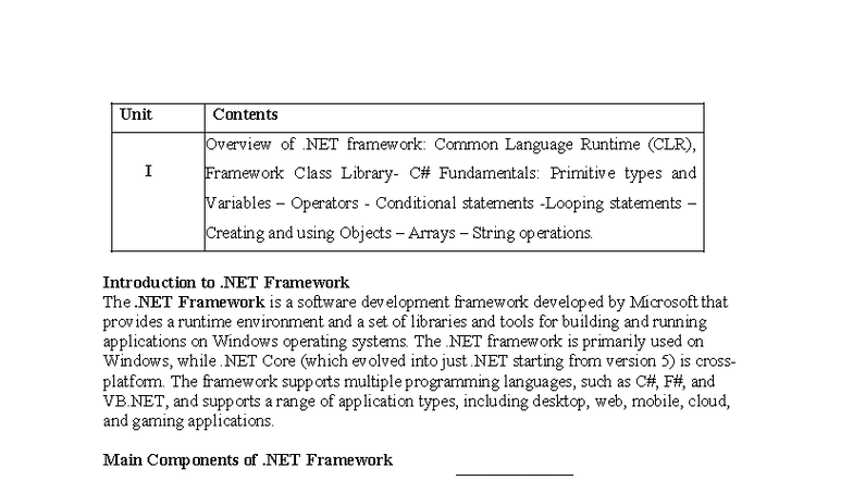 Unit 1 Overview: .NET Framework & CLR Fundamentals - B.SC CS - Studocu