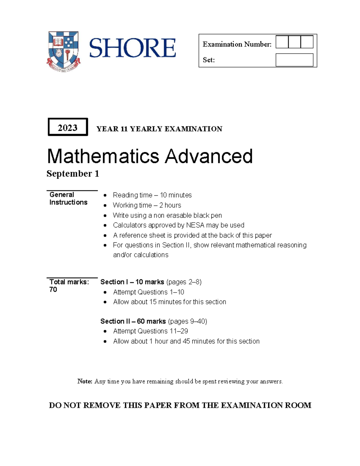 2023 YEAR 11 MATHS ADVANCED YEARLY EXAMINATION & SOLUTIONS - Studocu