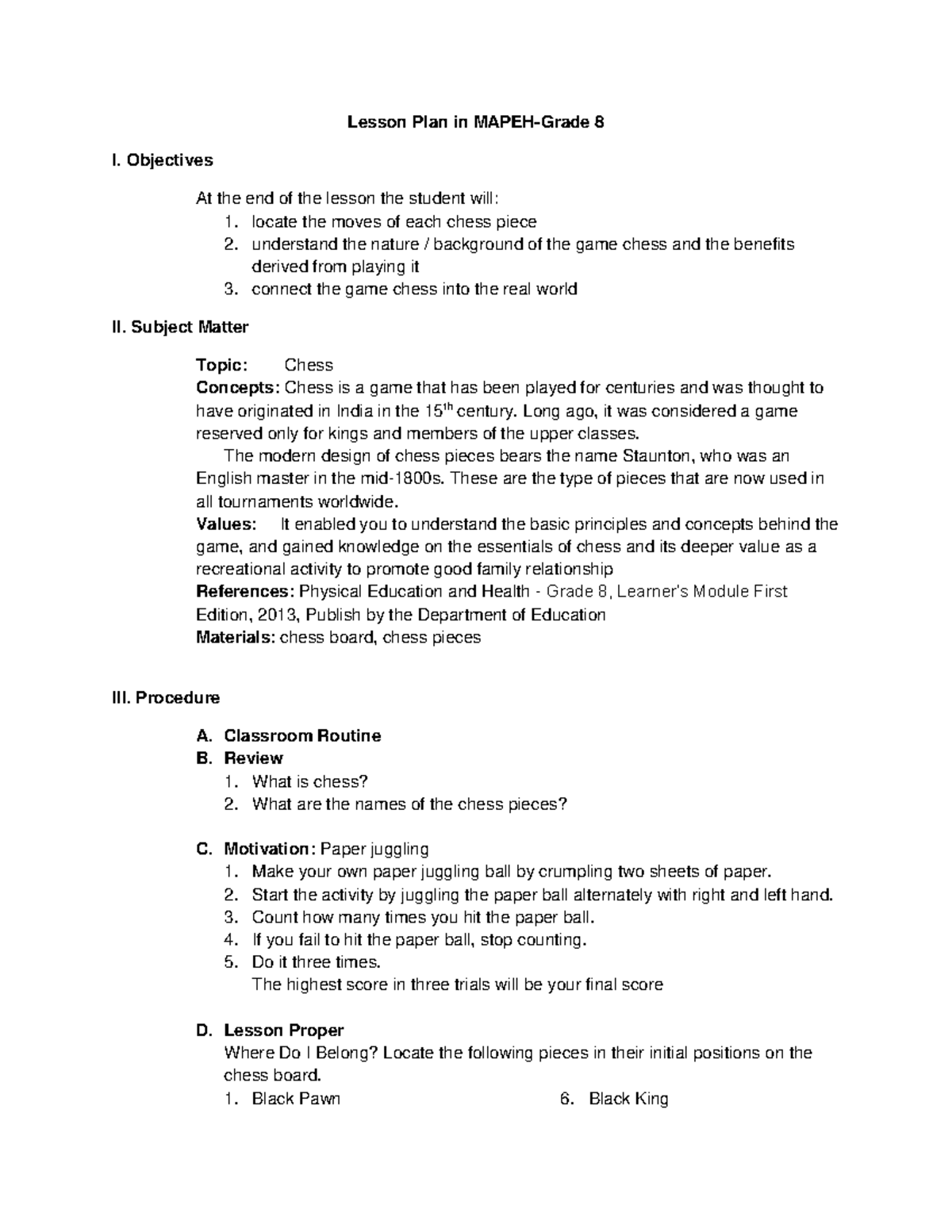 Ilide - NOTES - Lesson Plan in MAPEH-Grade 8 I. Objectives At the end ...