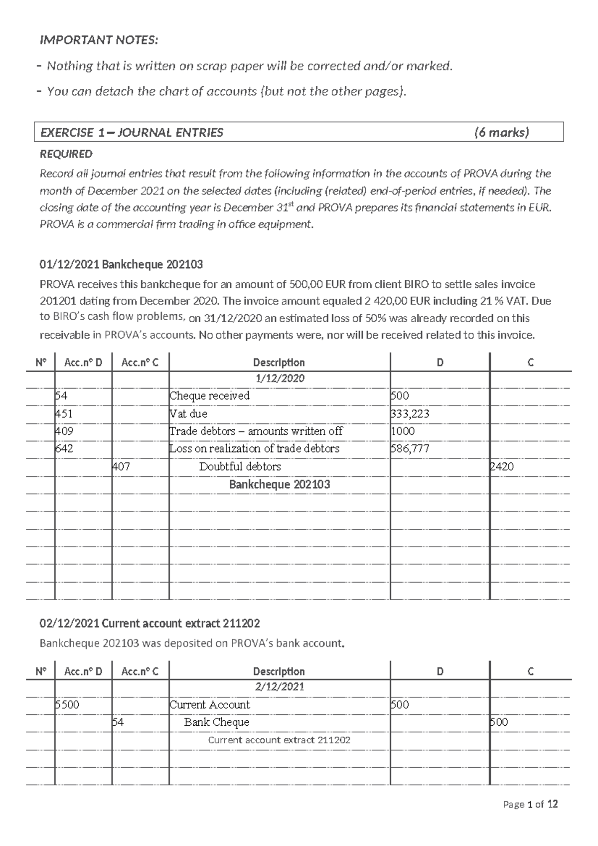 Mock Exam: Financial Accounting A - Journal Entries & Statements - Studocu