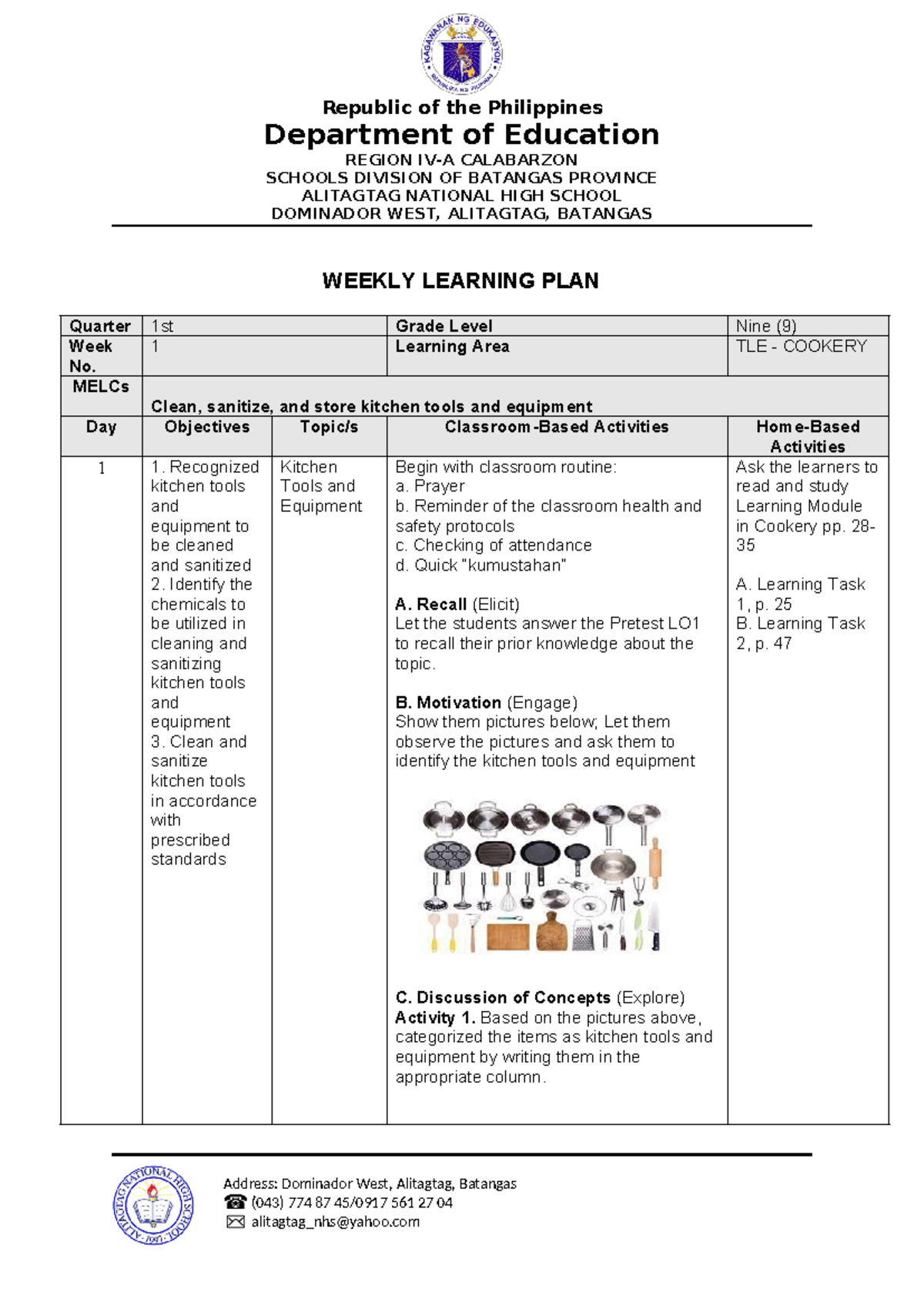 Weekly Learning PLAN (WEEK 1) - Department of Education REGION IV-A ...