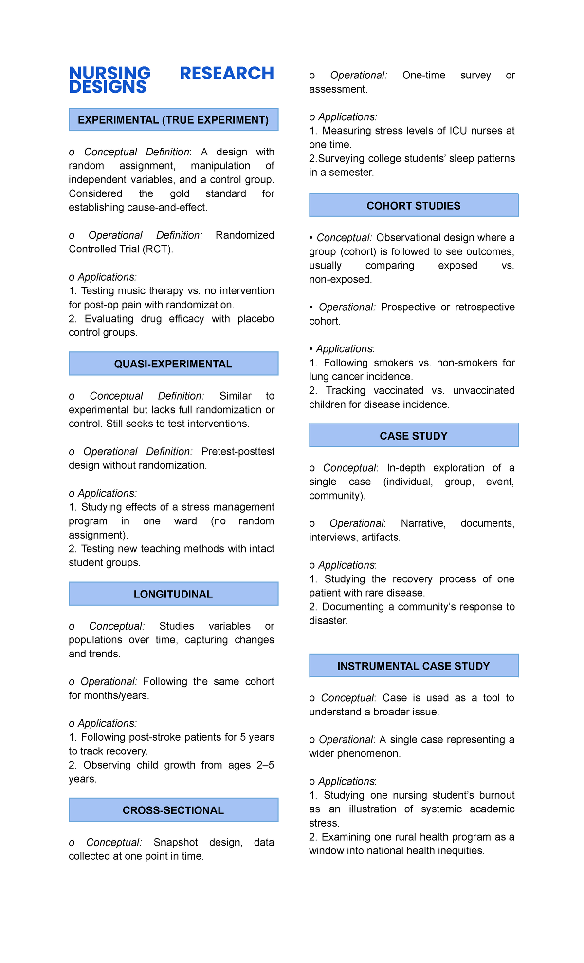 NURSING RESEARCH DESIGNS: EXPERIMENTAL & OBSERVATIONAL METHODS (NR1 ...