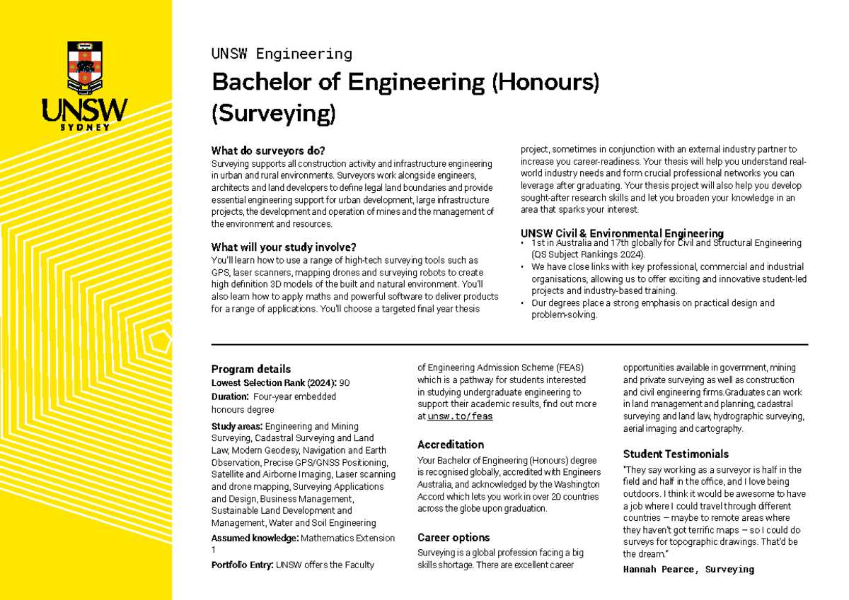 Bachelor of Engineering (Honours) (Surveying) Sample Program 2025 - Studocu
