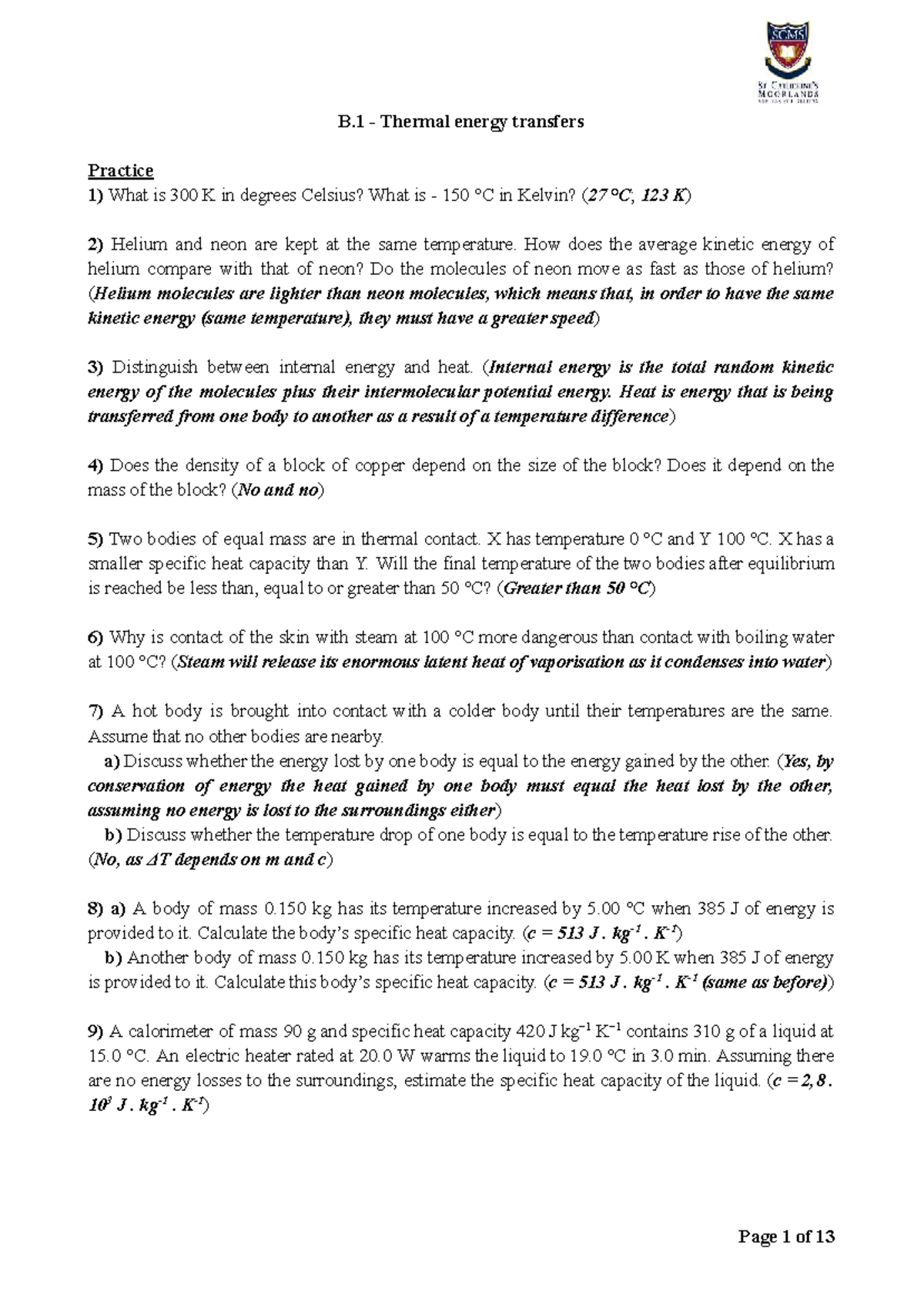 B.1 Thermal Energy Transfers Practice Questions and Solutions - Studocu