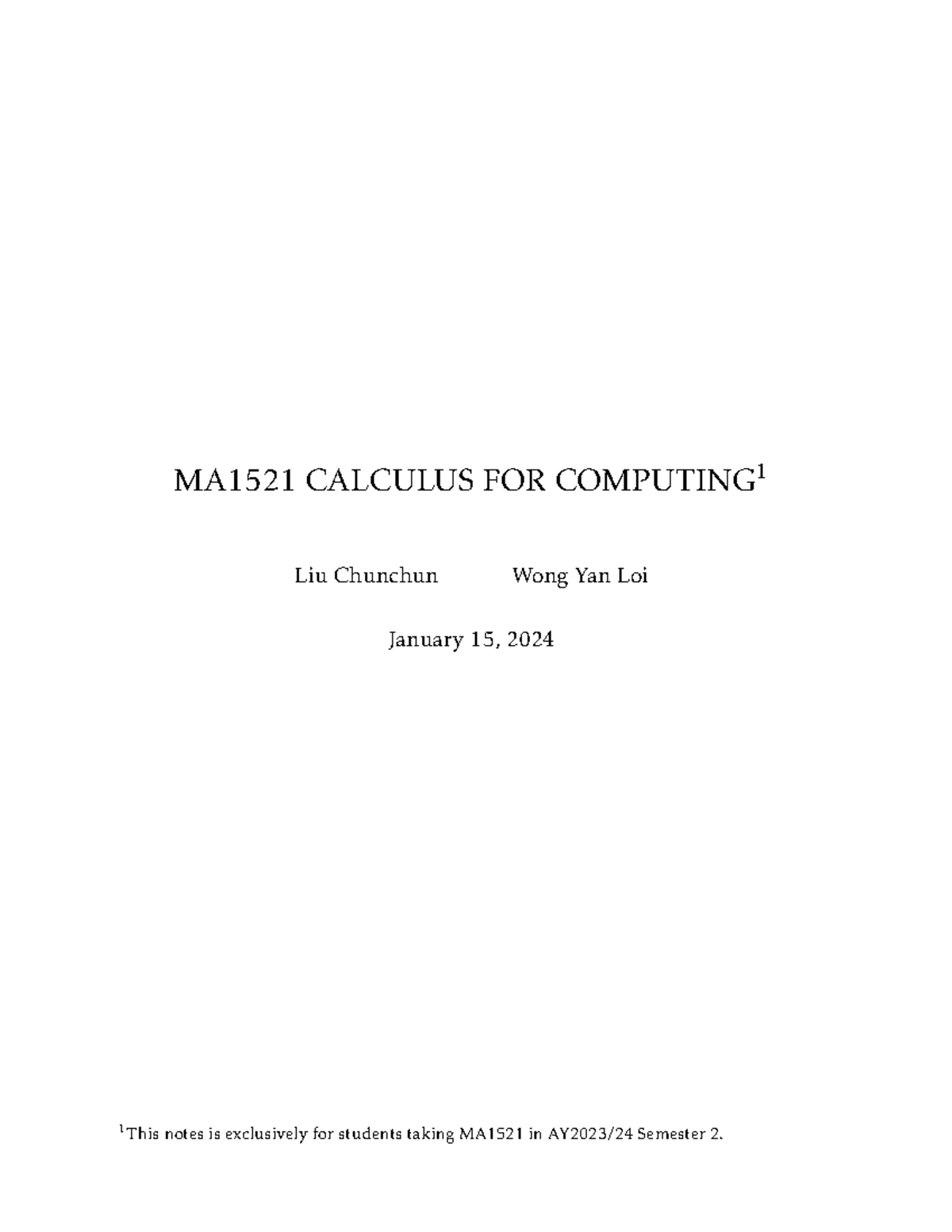 MA1521 Lecture Notes - MA1521 CALCULUS FOR COMPUTING 1 Liu Chunchun ...