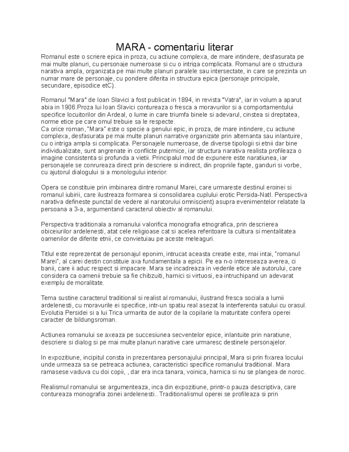 MARA - Comentariu literar despre romanul "Mara" de Ioan Slavici - Studocu