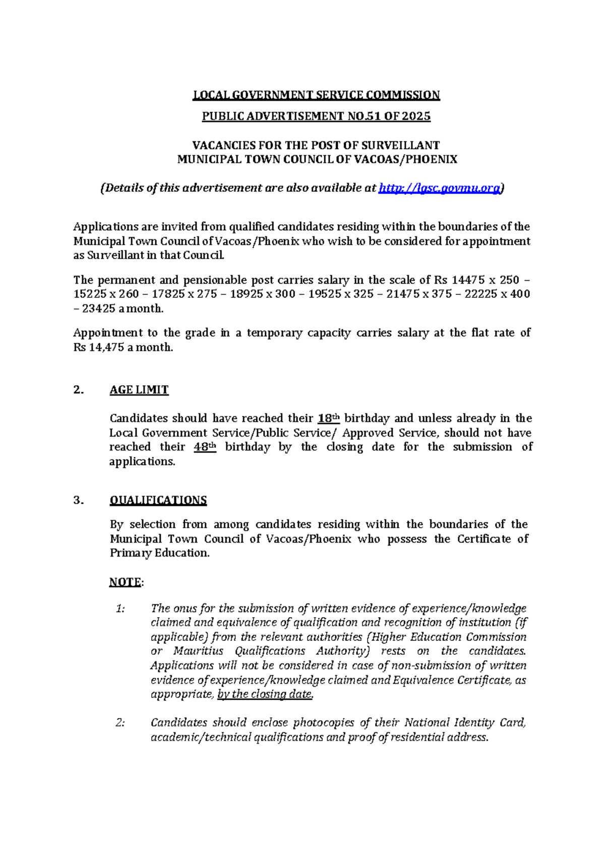 Vacancy Announcement: Surveillant Position - Local Government Service ...