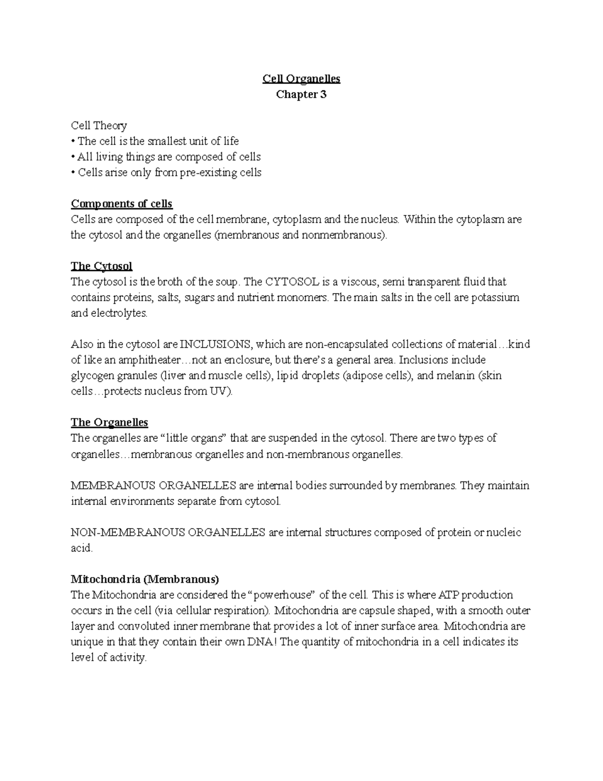 Cell Organelles Ch. 3 - Lecture Notes Overview and Details - Studocu
