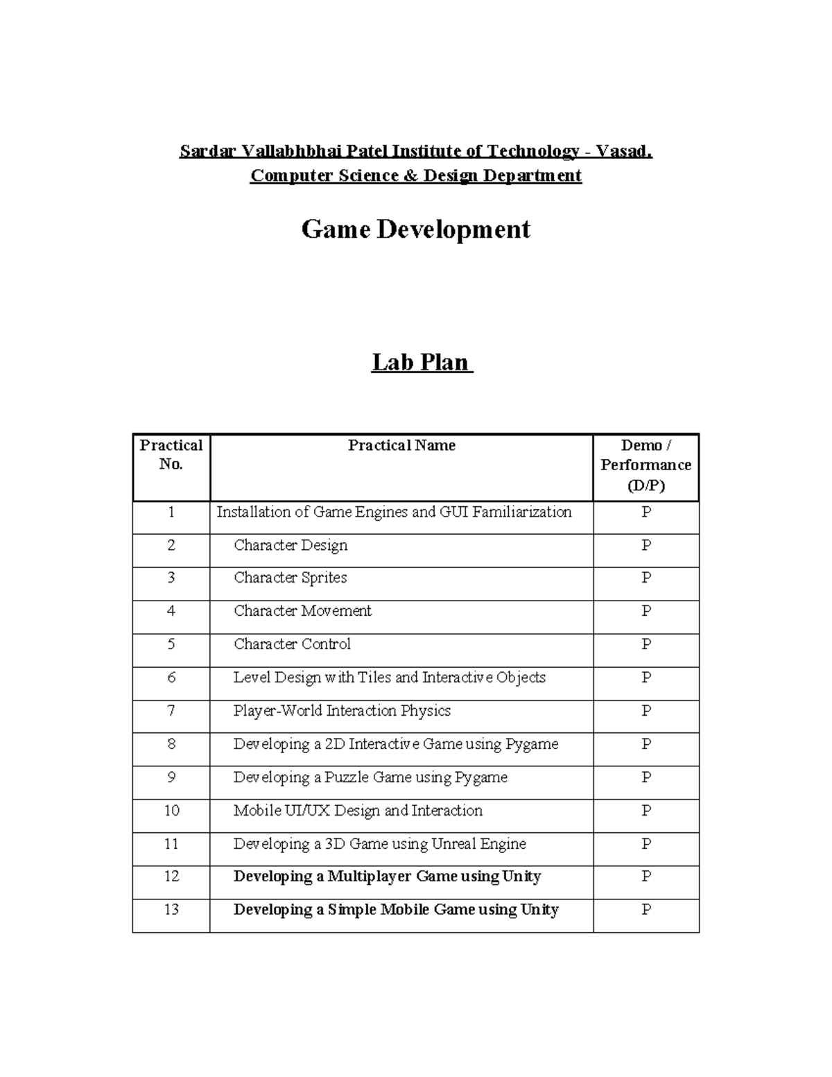 Game Development Lab Plan: Practical Activities Overview - Studocu