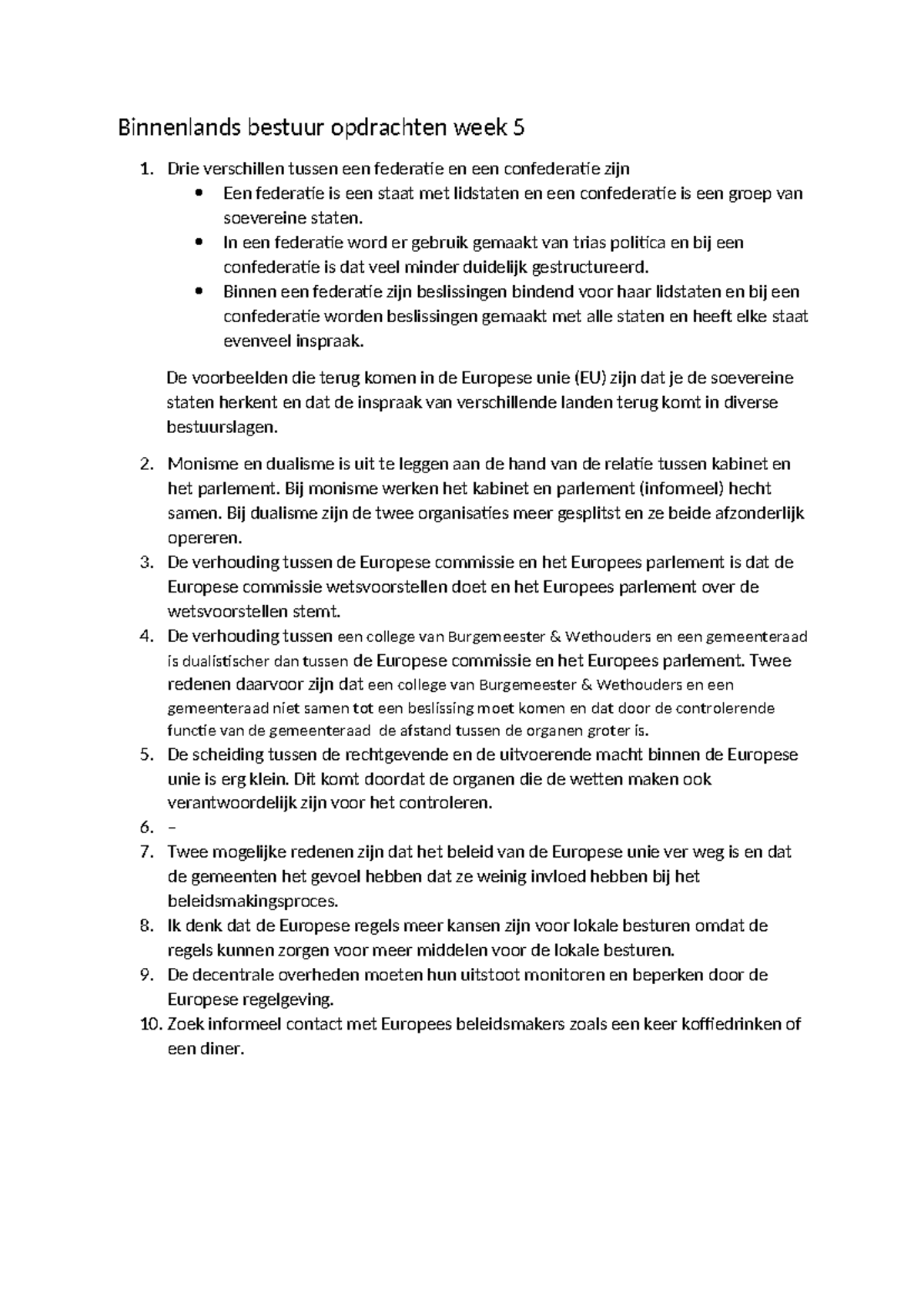 Binnenlands Bestuur Opdrachten Week 5 - Federatie en Confederatie ...