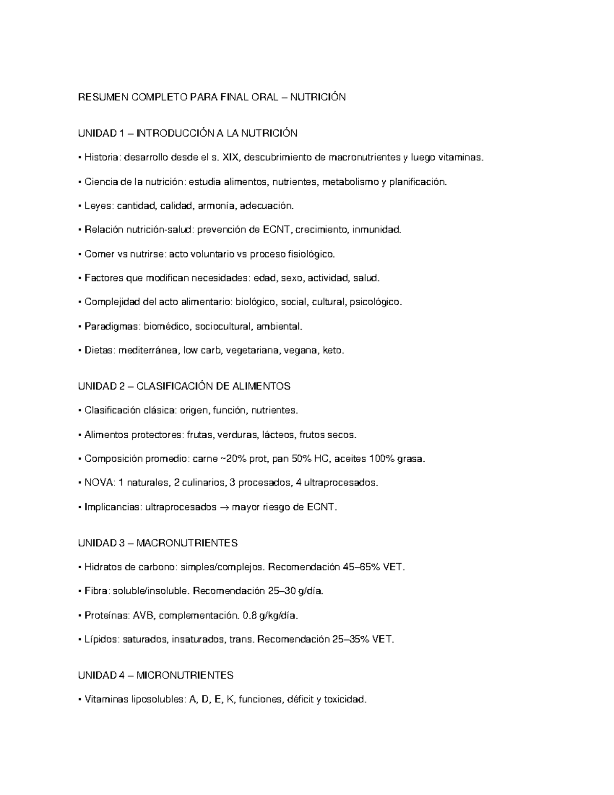Resumen Completo para Final Oral Nutrición - Unidad 1 a 4 - Studocu