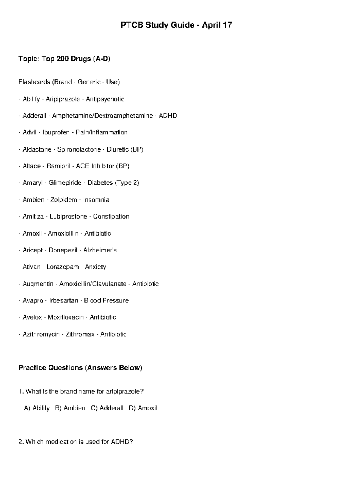 PTCB Study Guide - Final Exam Review: Top 200 Drugs (A-D) - Studocu
