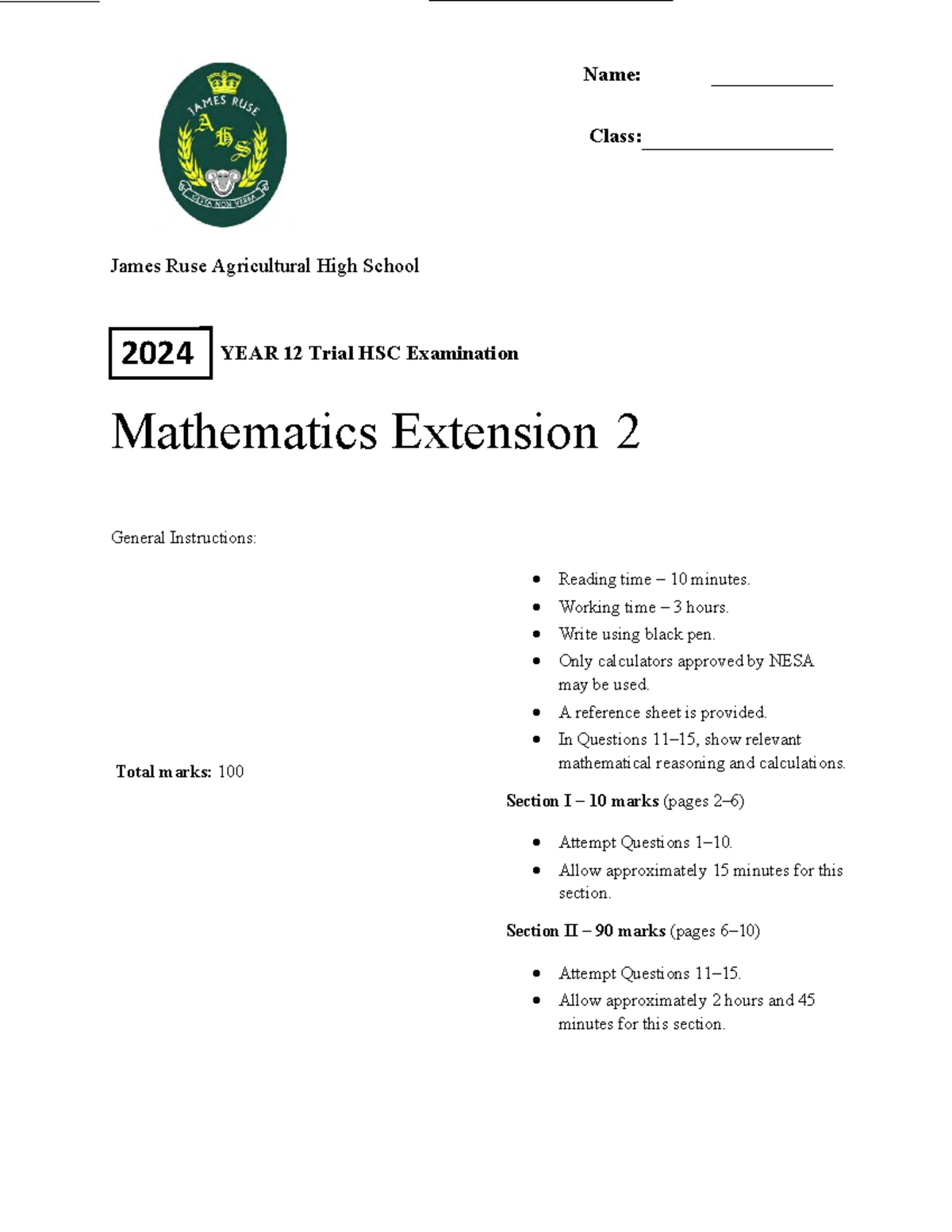 2024 James Ruse Agricultural High School - X2 - Mathematics Extension 2 ...
