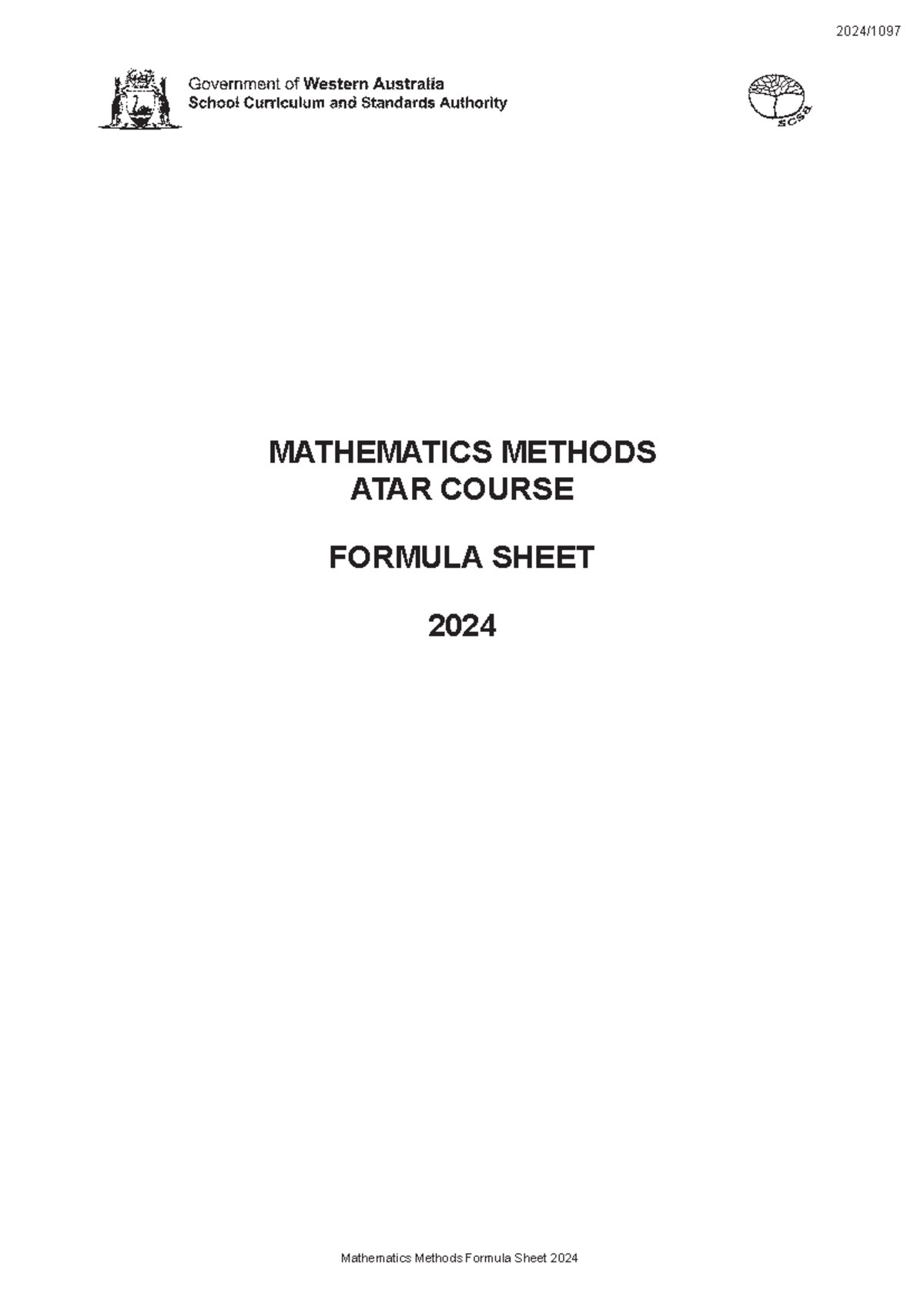 Mathematics Methods 2024 ATAR Formula Sheet for Exam Prep - Studocu
