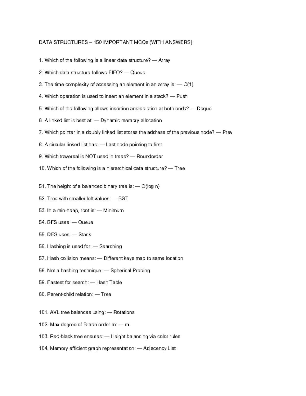 DATA STRUCTURES 150 MCQs WITH ANSWERS FOR EXAM PREP - Studocu