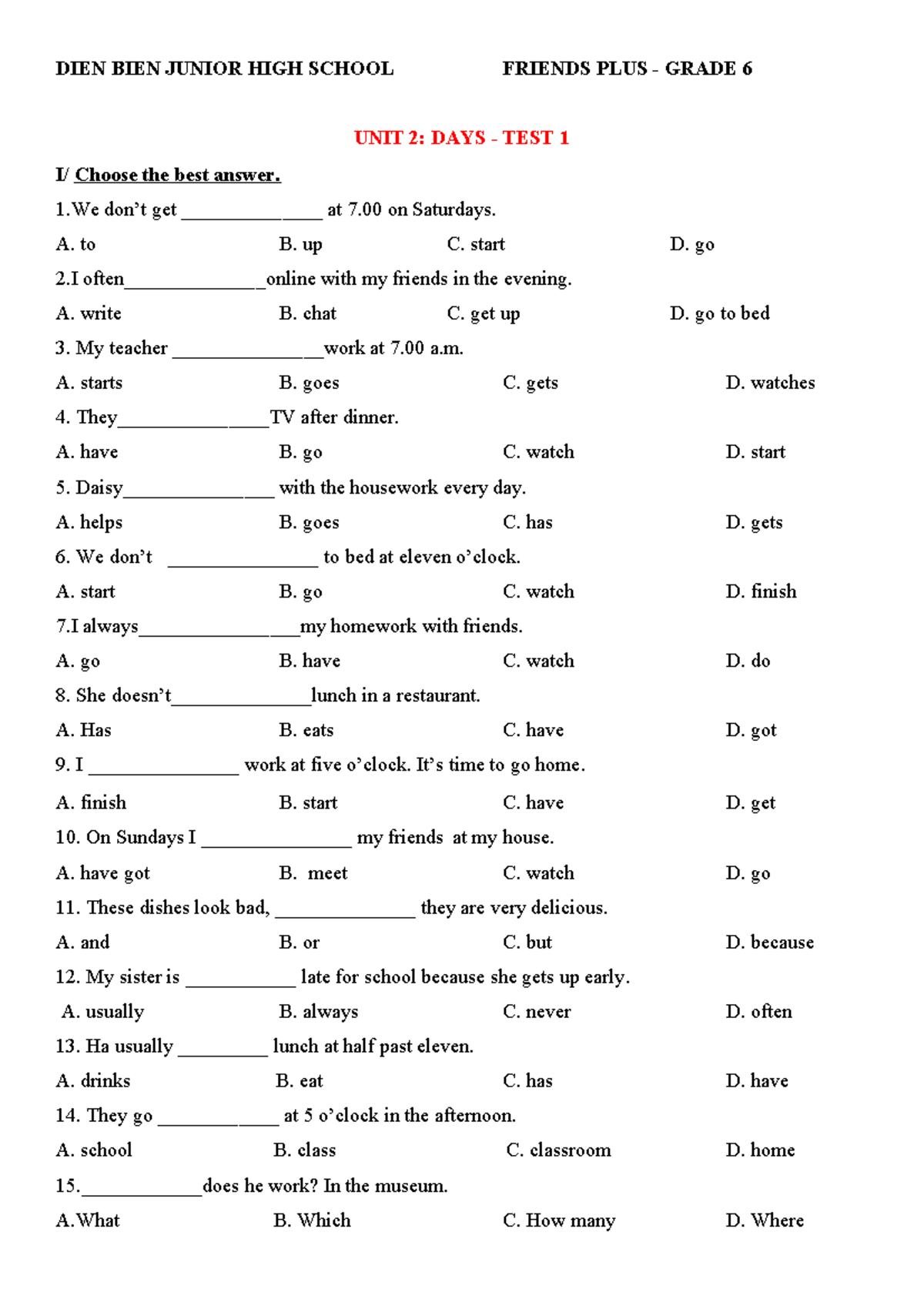 DB-FP- Grade 6 Unit 2: Days Test 1 Practice Questions - Studocu